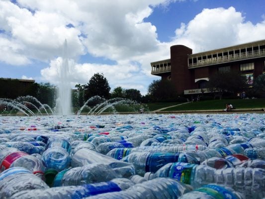 Reflecting Pond filled with 250,000 water bottles on April 8, 2015